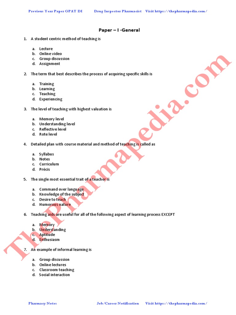 Paper - I - General: Previous Year Paper GPAT DI | PDF | Tablet ...