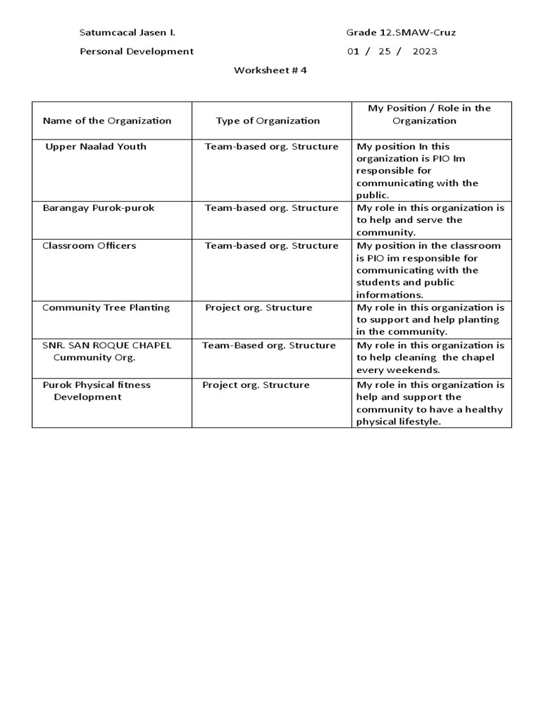 Personal Development Worksheet | PDF