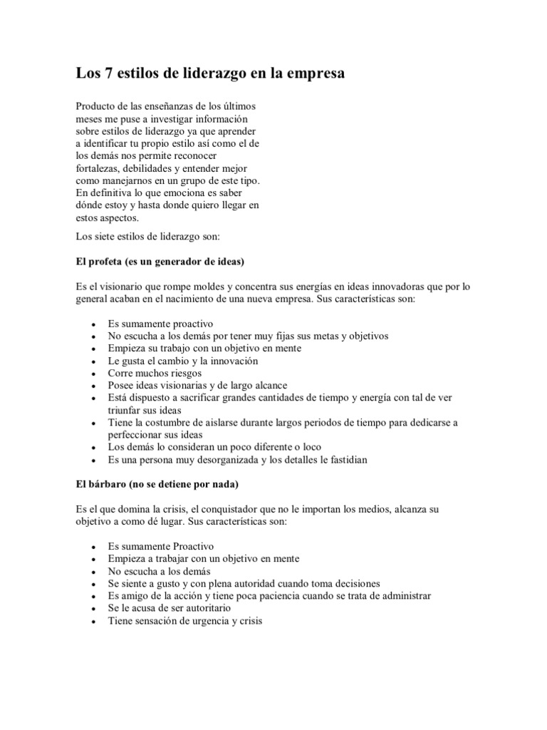 Los 7 Estilos de Liderazgo en La Empresa | PDF | Liderazgo | Toma de ...