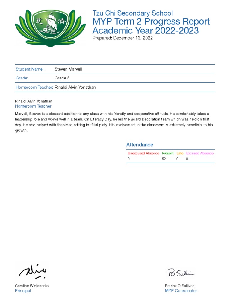 MYP Term 2 Progress Report Academic Year 2022-2023 Grade 8 Marvell ...