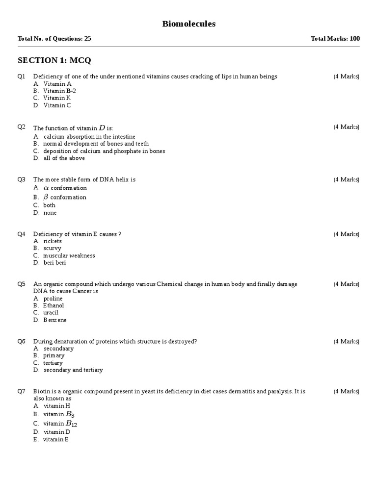 Section 1: MCQ: Biomolecules | PDF | Biochemistry | Chemistry