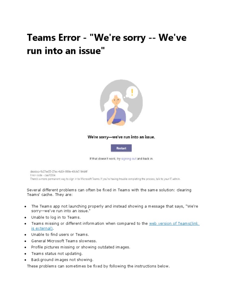 Teams Error - We Re Sorry - We'Ve Run Into An Issue | PDF | Computer ...