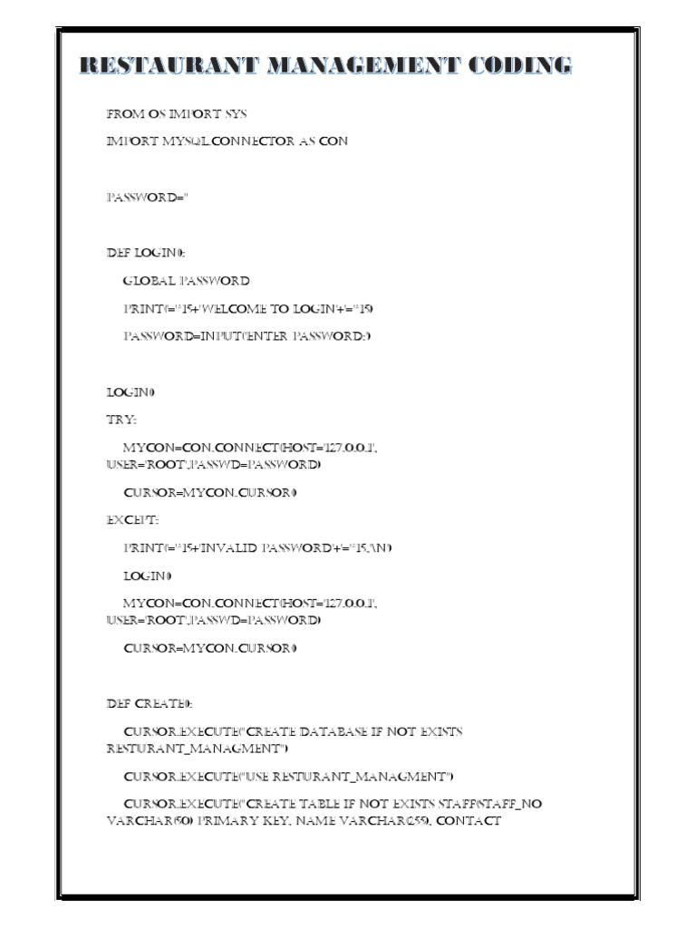 Restaurant Management Coding | Download Free PDF | Menu | Computer Data