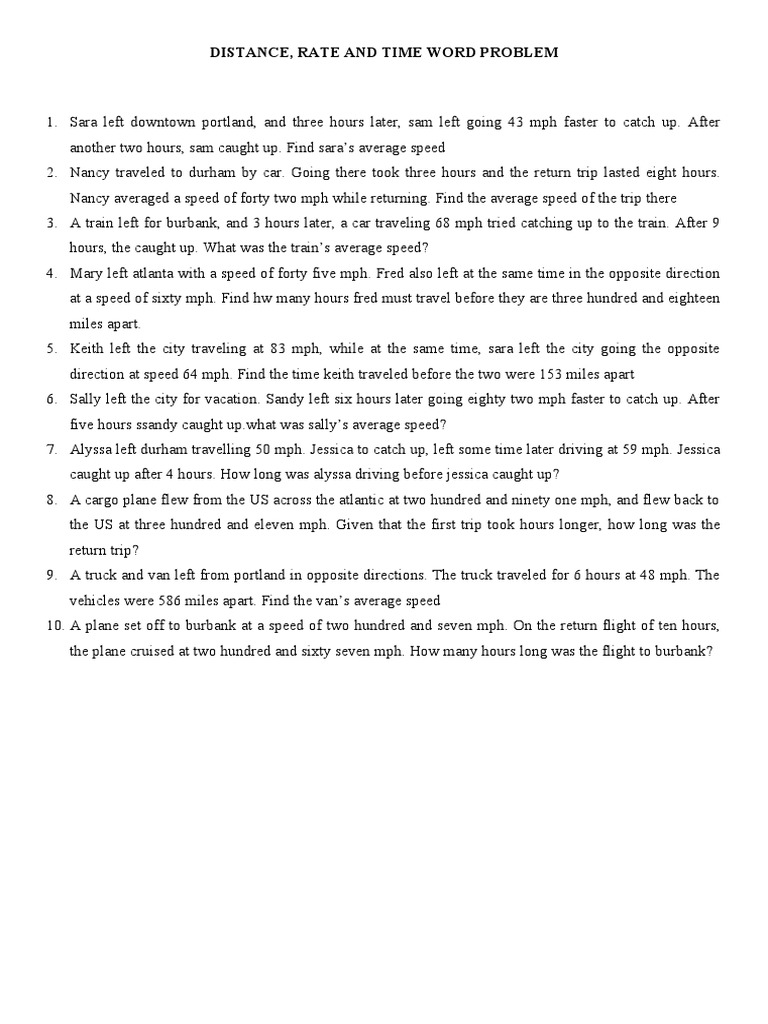 Distance, Rate and Time Word Problem | PDF