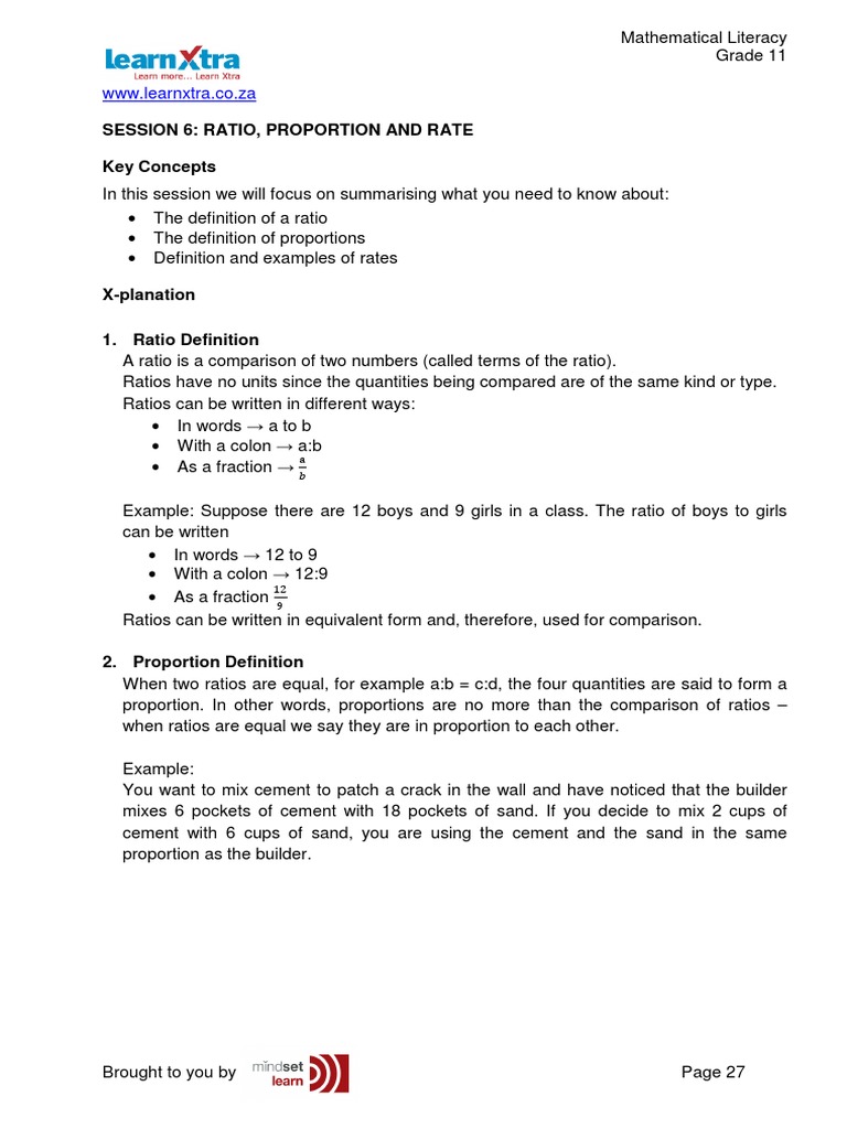 Grade 11 Maths Literacy Session 6 Ratio Proportion and Rate | PDF ...