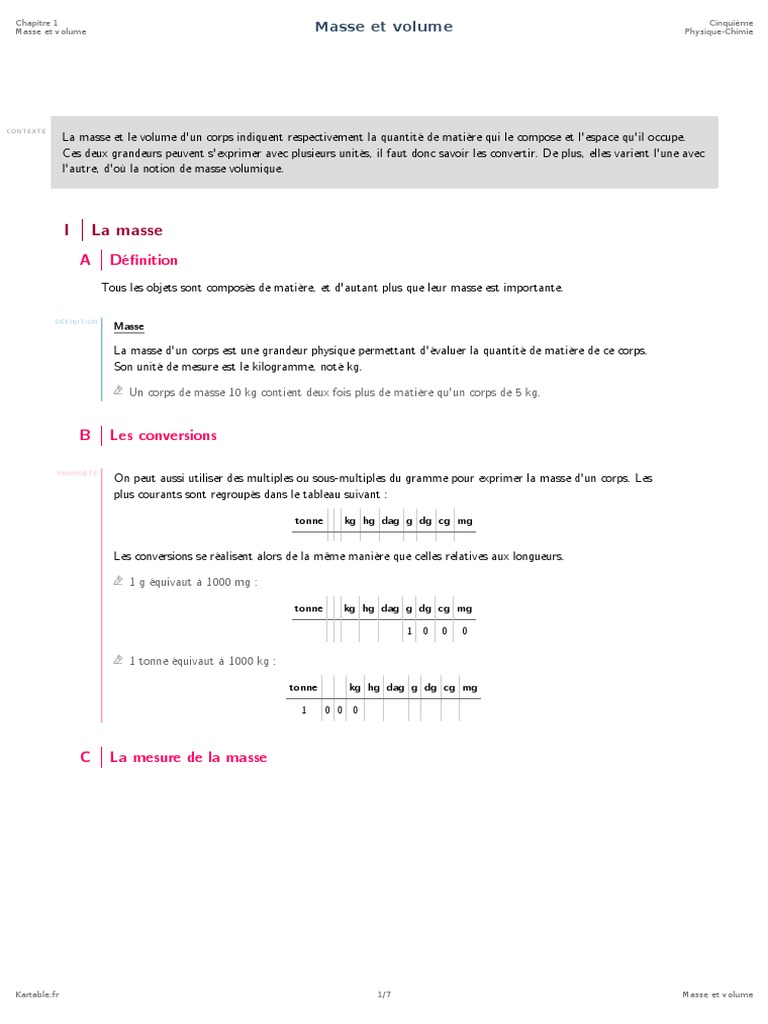 Masse et volume : définitions et mesures | PDF
