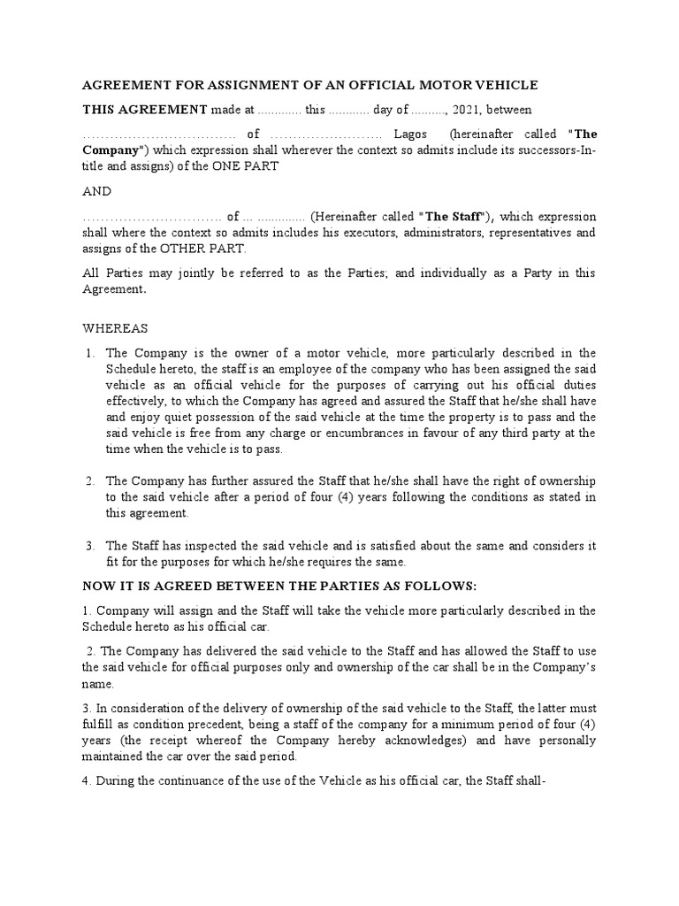 Agreement For Assignment of An Official Motor Vehicle | PDF | Insurance ...