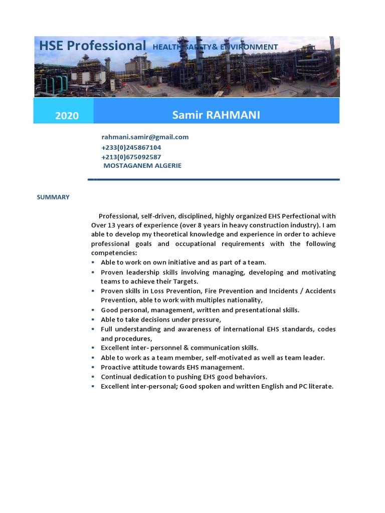 CV - Samir Rahmani HSE 2020 | PDF | Risk Assessment | Audit