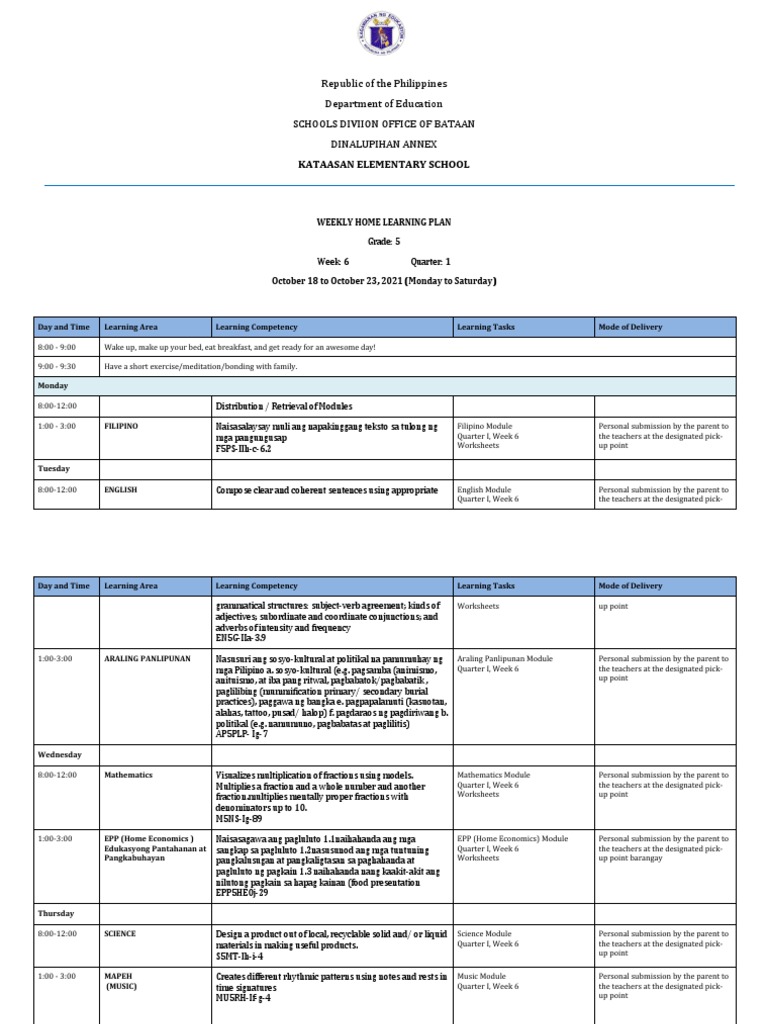 Grade 5 Weekly Home Learning Plan | PDF | Cognition | Cognitive Science