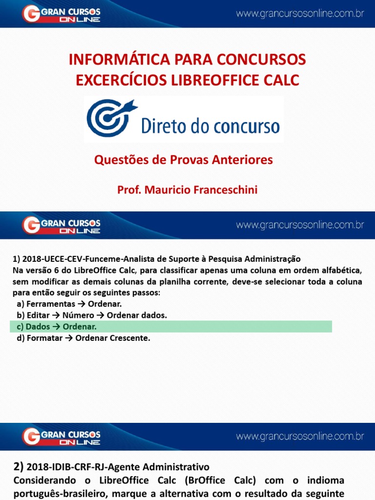 (APOSTILA) Aula 55 - LibreOffice - Calc - Exercícios | PDF | Planilha | Informática