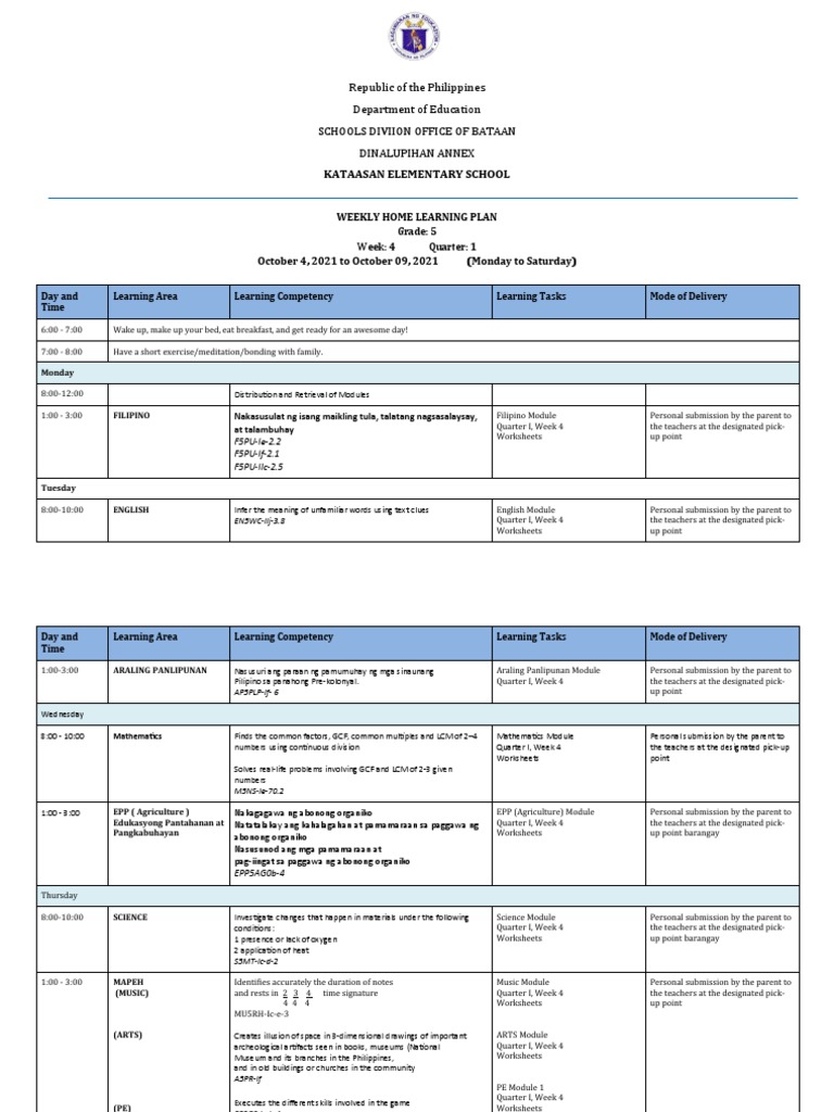 A Comprehensive Weekly Home Learning Plan for Grade 5 Students Outlining Daily Subjects ...