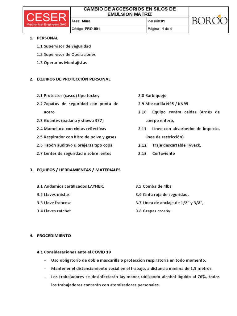 PRO-001 Cambio de Accesorios en Silos de Emulsion Matriz | PDF | Equipo ...