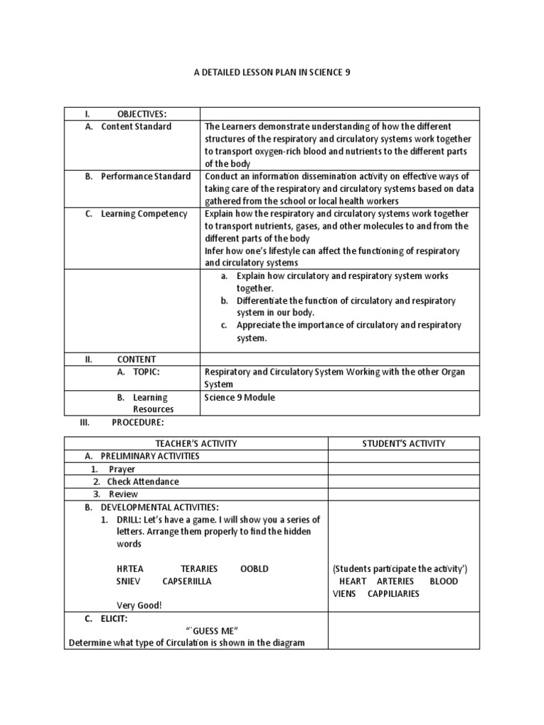 A Detailed Lesson Plan in Science 9 | PDF | Heart | Human Body
