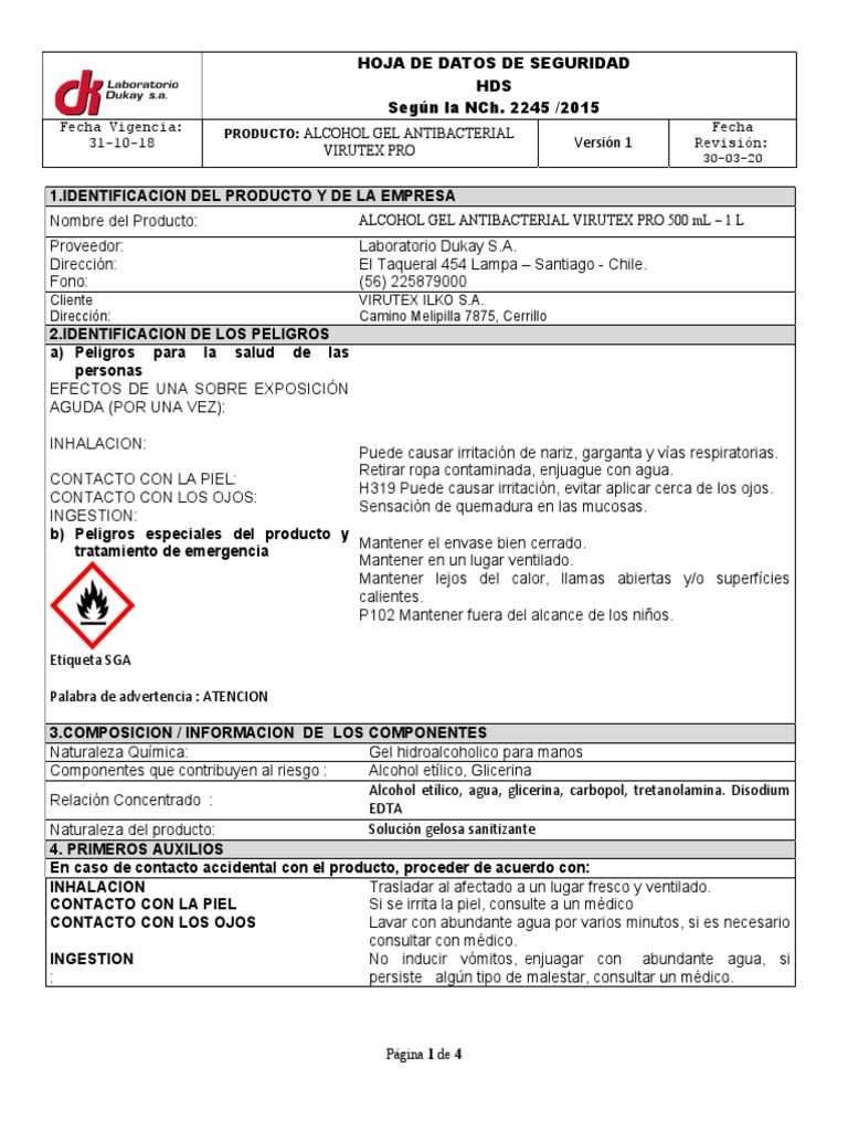Hoja de Seguridad Alcohol Gel Virutex Pro - Lab Dukay | PDF | Agua ...