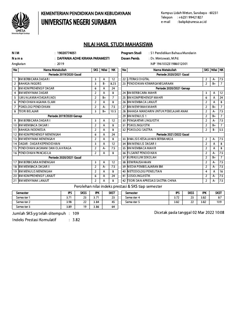 Nilai dan IPK Mahasiswa S1 Bahasa Mandarin | PDF