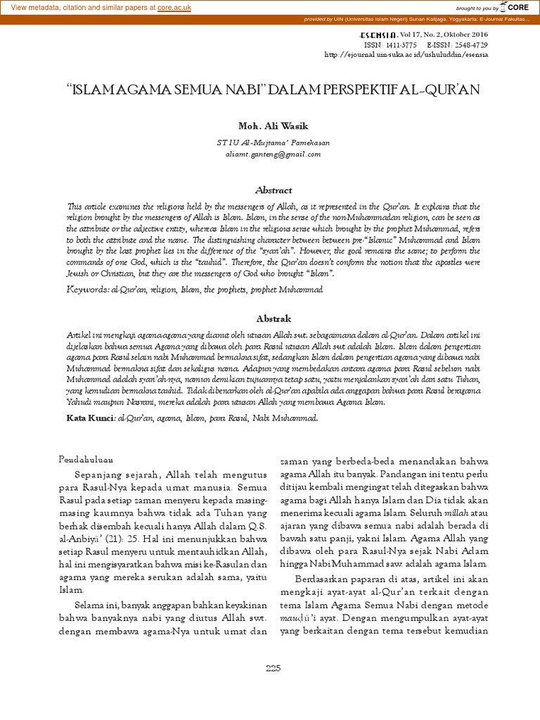 "Islam Agama Semua Nabi" Dalam Perspektif Al-Qur'An: Moh. Ali Wasik | PDF | Ilmu Sosial | Filsafat
