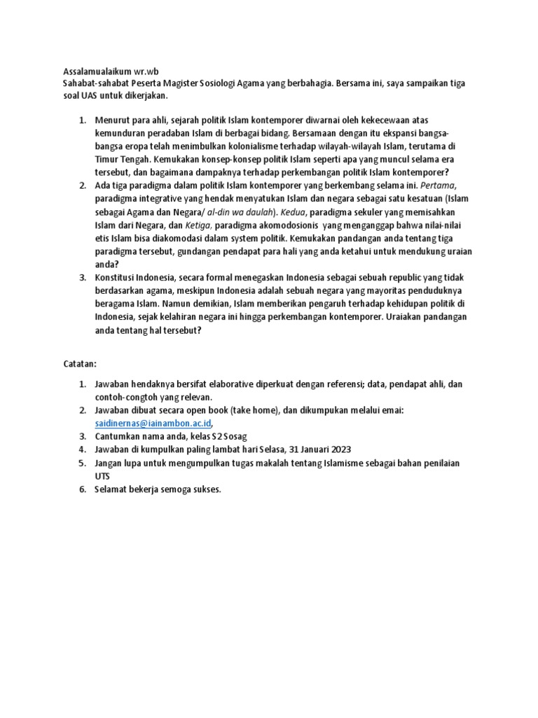 Soal UAS Sosiologi S2 | PDF