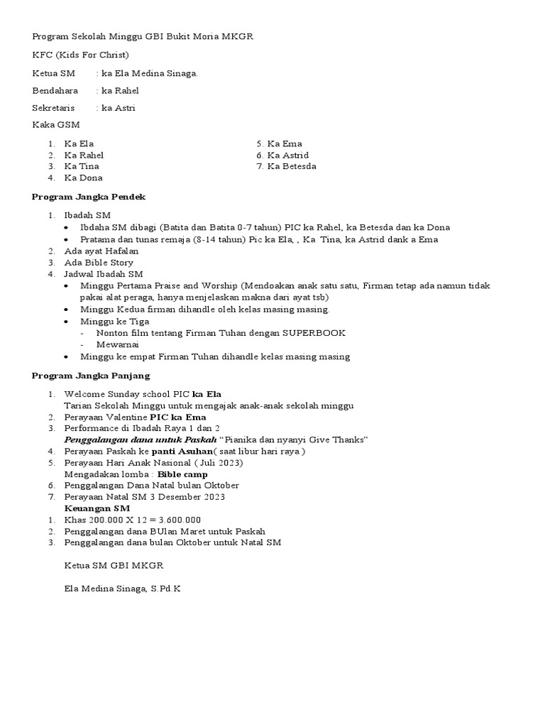 Program Sekolah Minggu GBI Bukit Moria MKGR | PDF Program Sekolah Minggu GBI Bukit Moria MKGR | PDF
