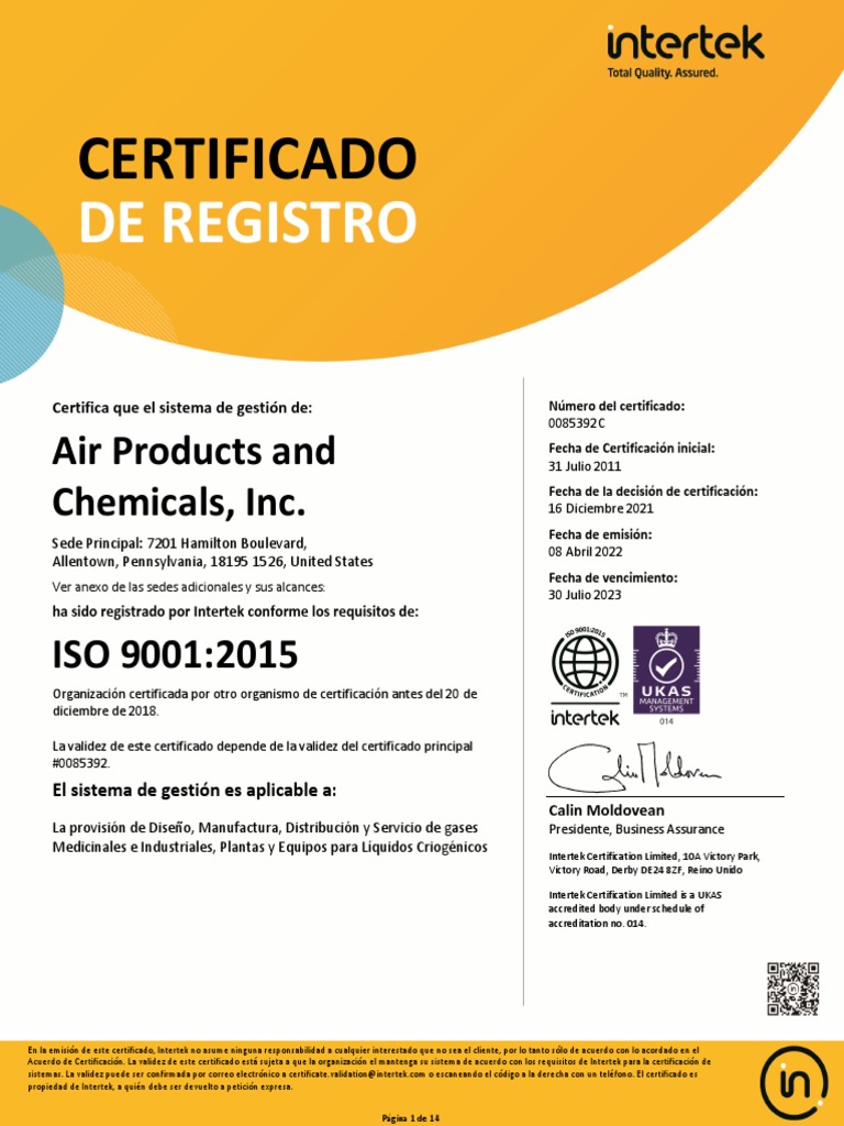 Certificados ISO9001 Intertek Sudamerica Espanol | PDF | Oxígeno | Argón