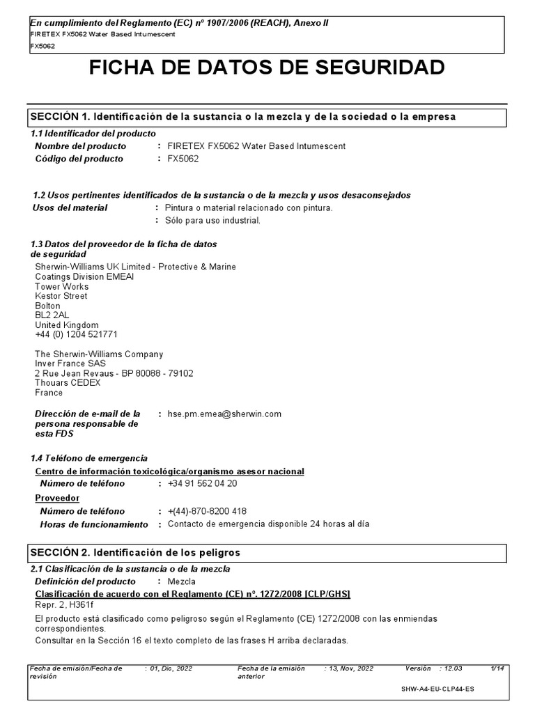 Hoja de Seguridad Firetex FX5062 ES | PDF | Residuos | Agua