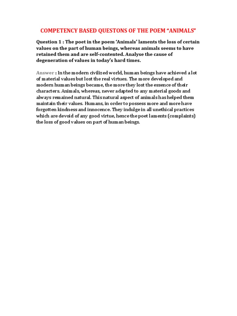 Competency Based Questons of The Poem Animals | PDF