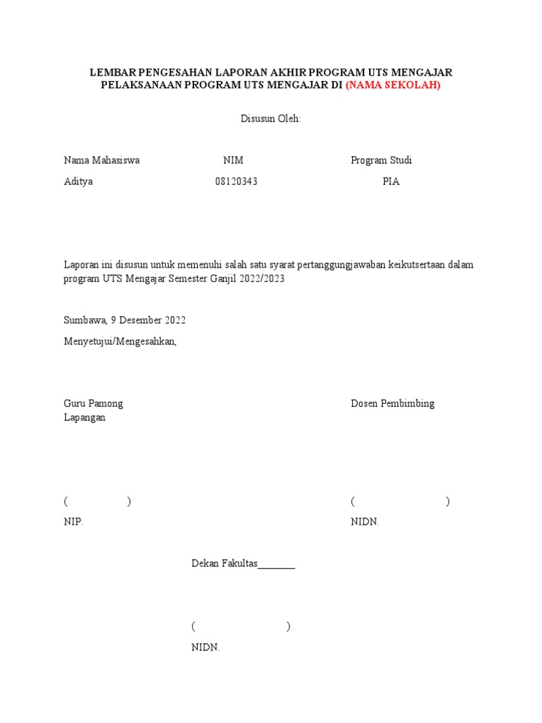 Lembar Pengesahan Laporan Akhir Program Uts Mengajar + Form Nilai | PDF