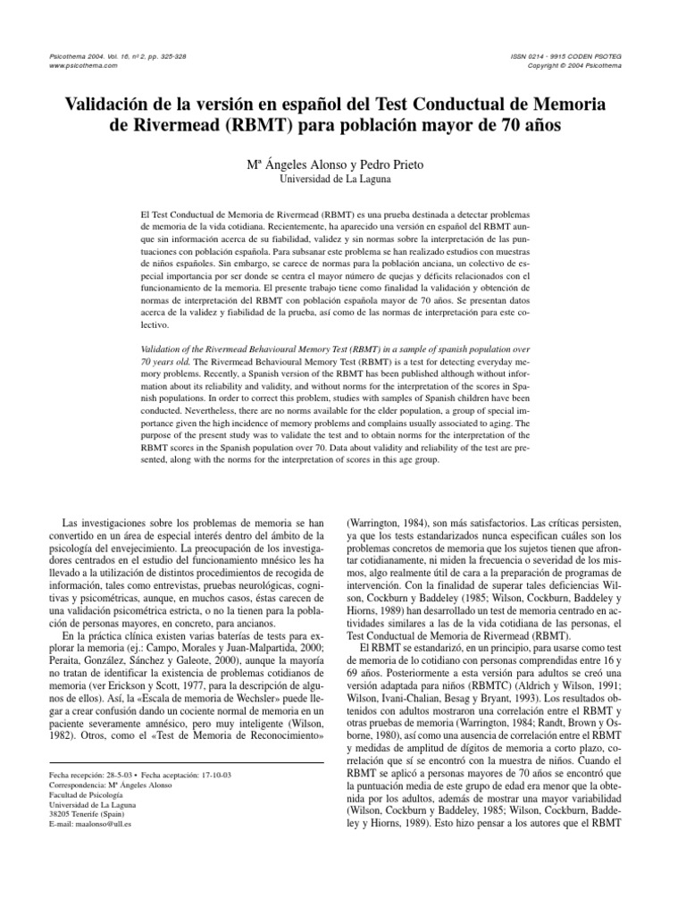 Validación de La Versión en Español Del Test Conductual de Memoria ...
