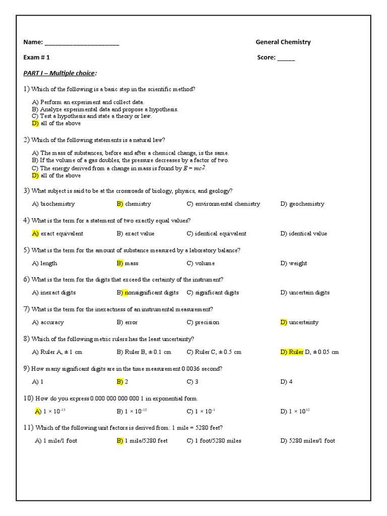 CHEMISTRY-Practice Exam 1 | PDF | Significant Figures | Uncertainty