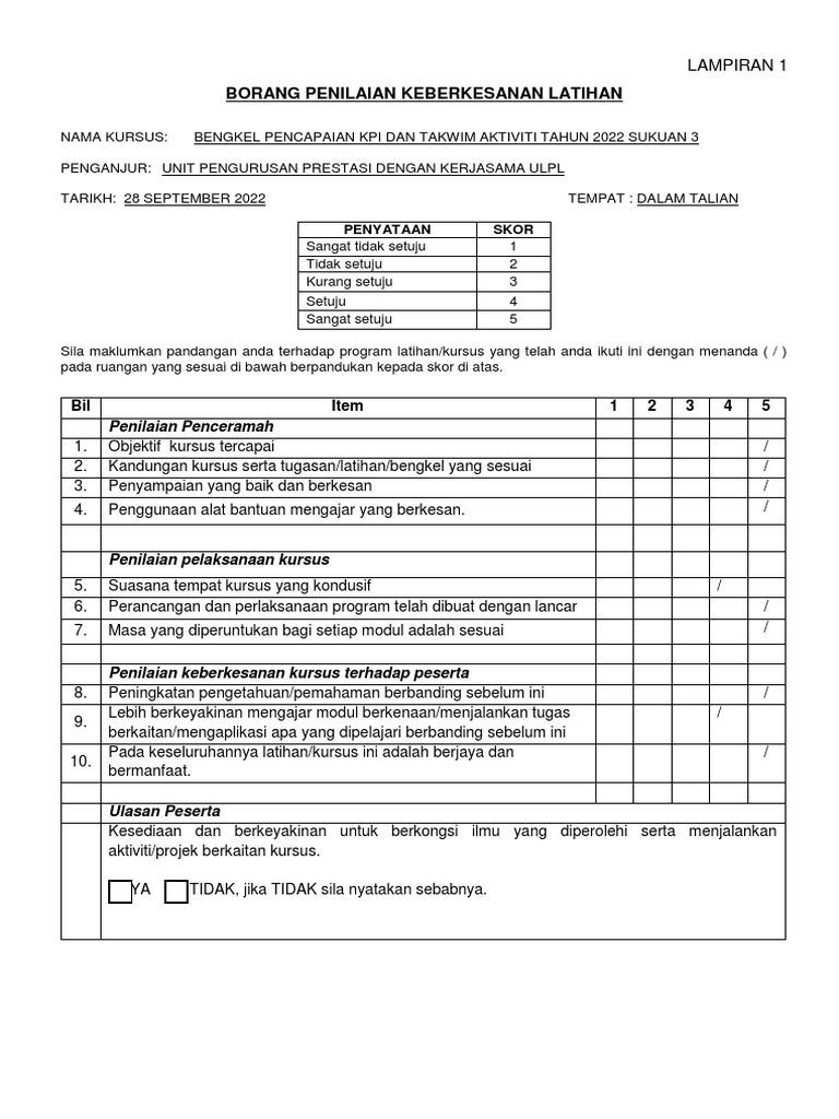 Lampiran 1 (Borang Penilaian Keberkesanan Latihan) | PDF