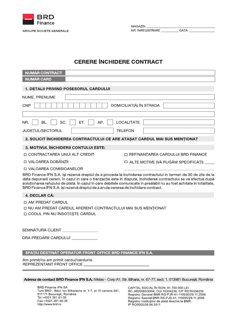 Cerere de Inchidere Contract (Formular Solicitare Reziliere) | PDF