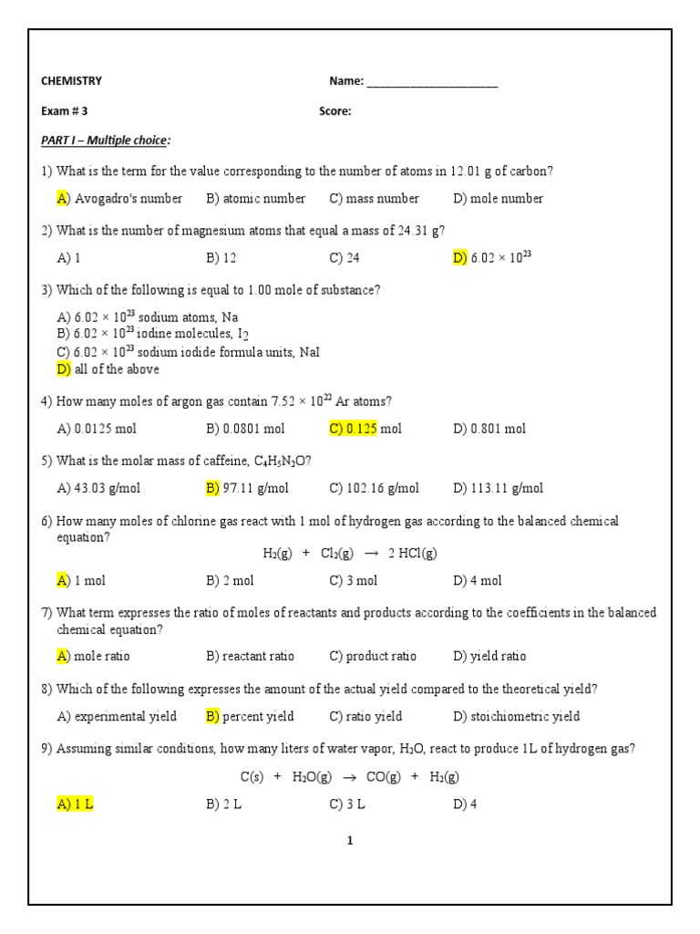 CHEMISTRY Practice Exam 3 | PDF | Mole (Unit) | Gases