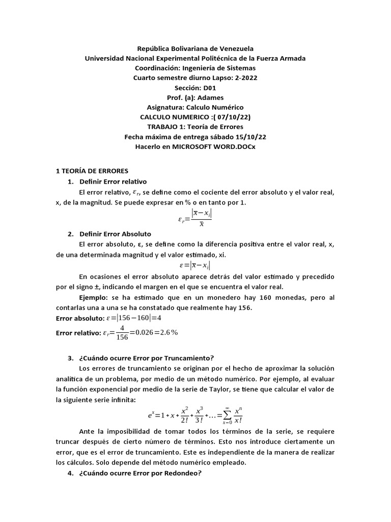 Calculo Numérico: Introducción a la Teoría de Errores y Teoremas Clave | PDF