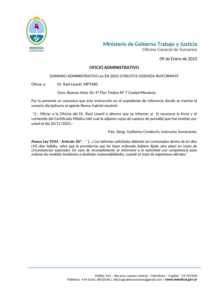 Oficio Administrativo A RRHH MGJYT | PDF