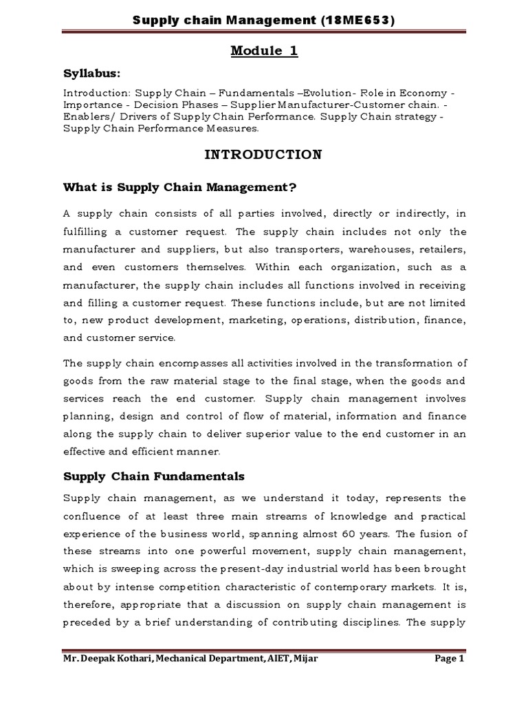 SCM Module 1 Notes | PDF | Supply Chain | Supply Chain Management