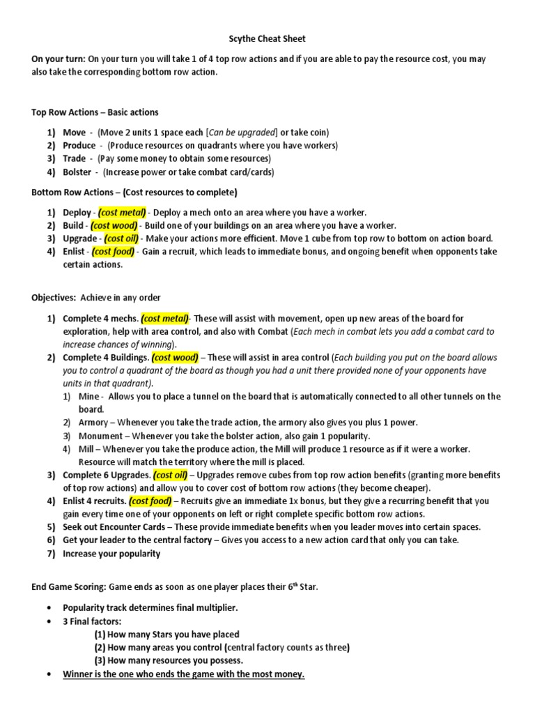 Scythe Cheat Sheet | PDF