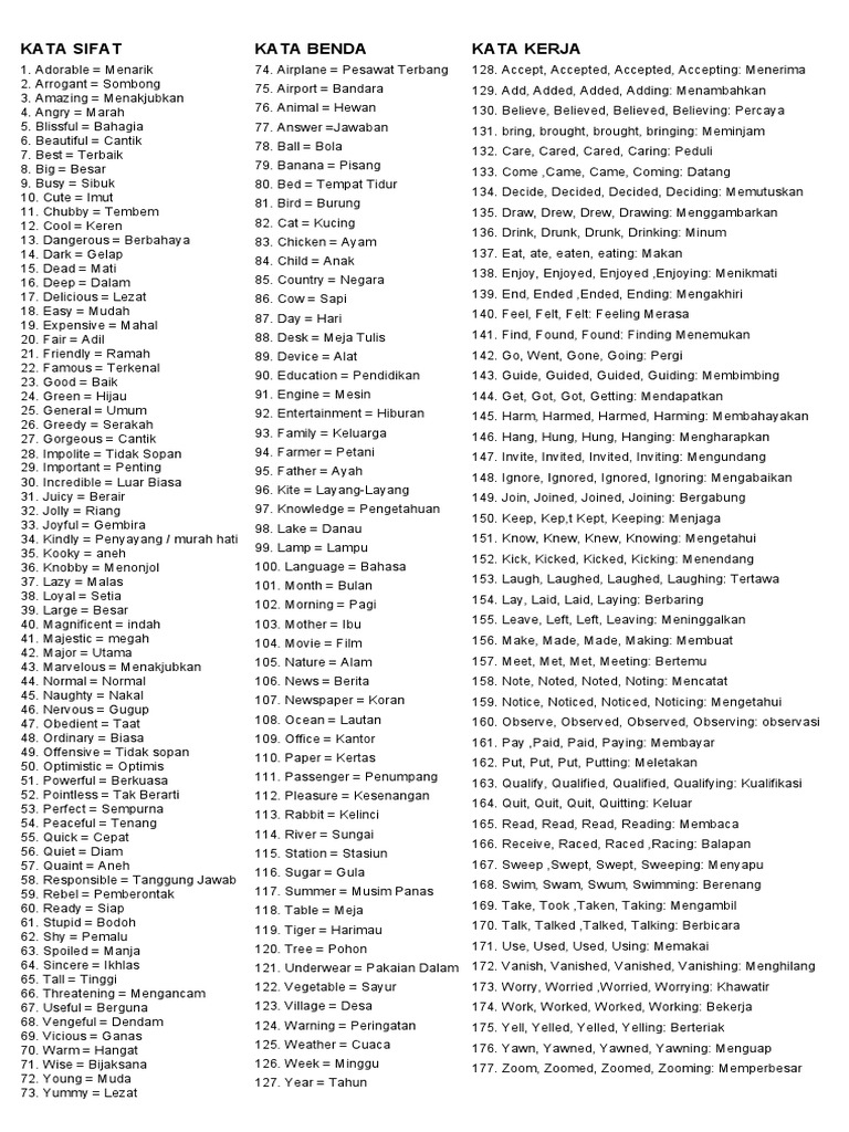 A Comprehensive List of Indonesian Adjectives, Nouns and Verbs | PDF
