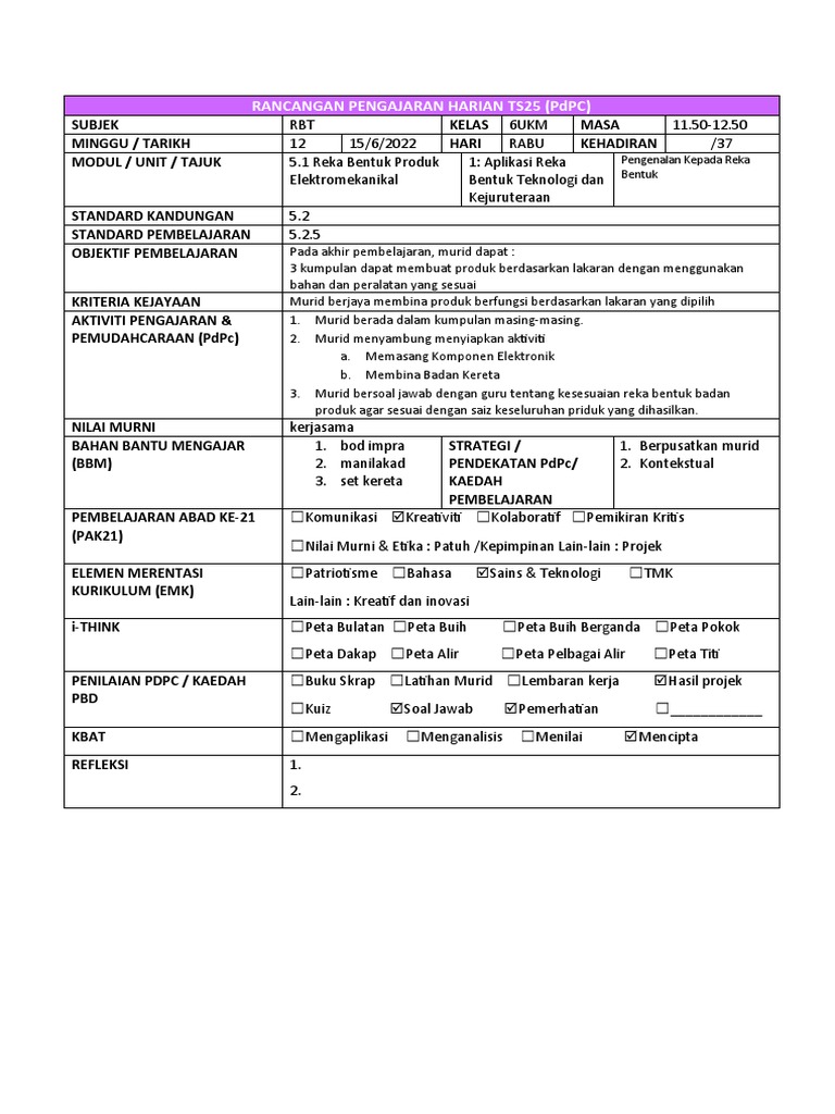Template RPH RBT Tahun 6 | PDF