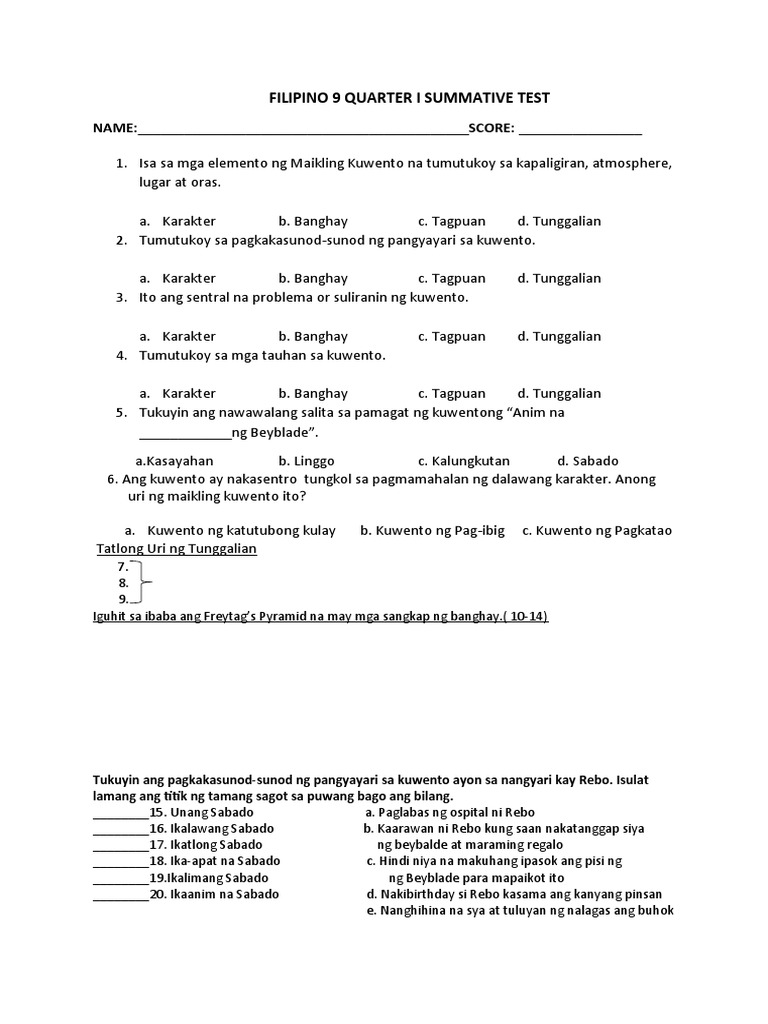 Filipino 9 Quarter I Summative Test | PDF