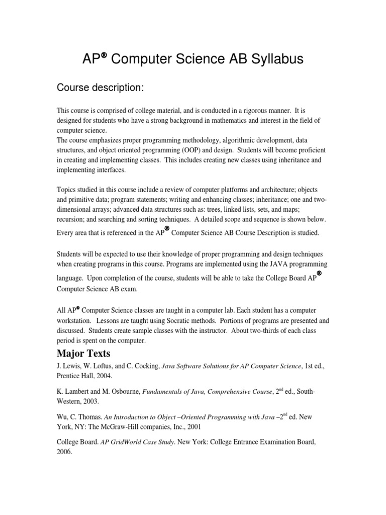 AP Computer Science Syllabus | PDF | Method (Computer Programming ...