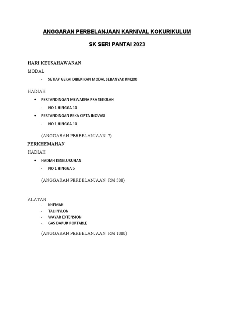 Anggaran Perbelanjaan Karnival Kokurikulum | PDF