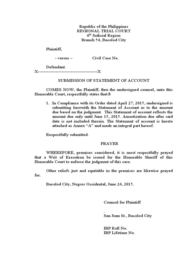 Submission of Statement of Account in Compliance with Court Order ...