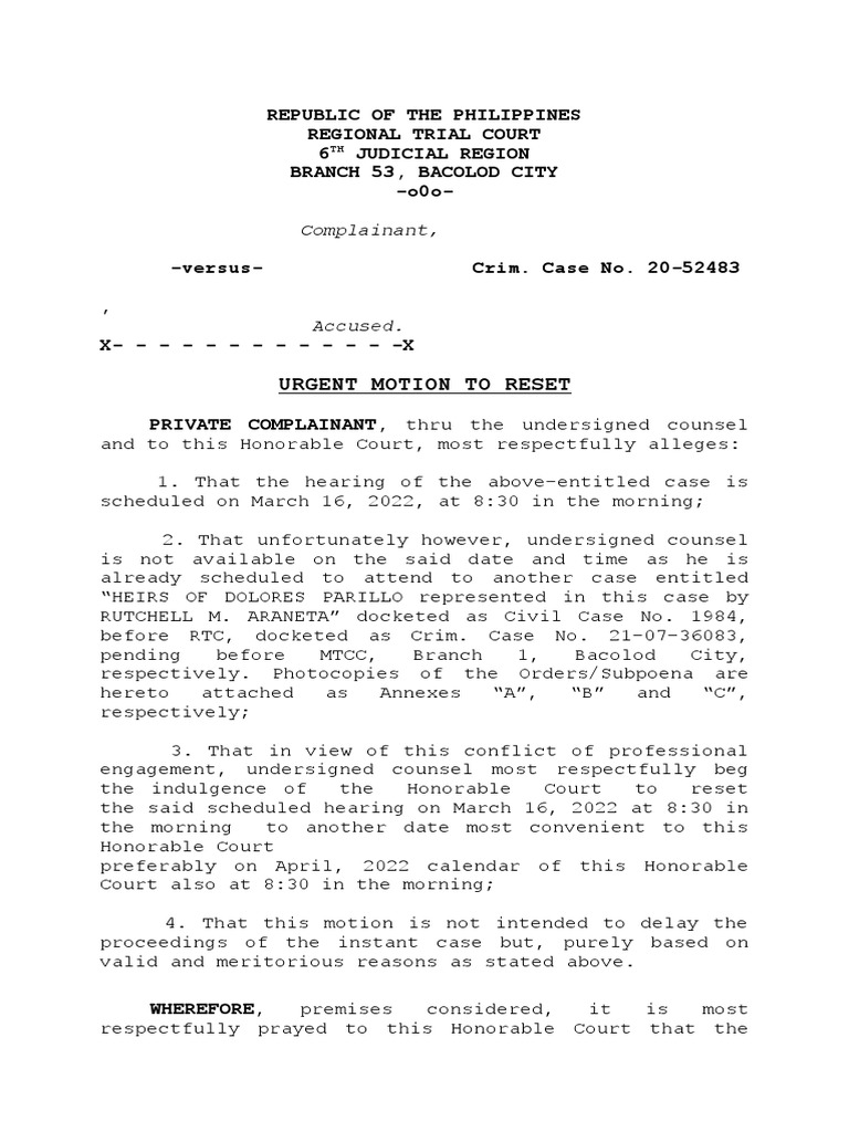 Motion To Reset | PDF