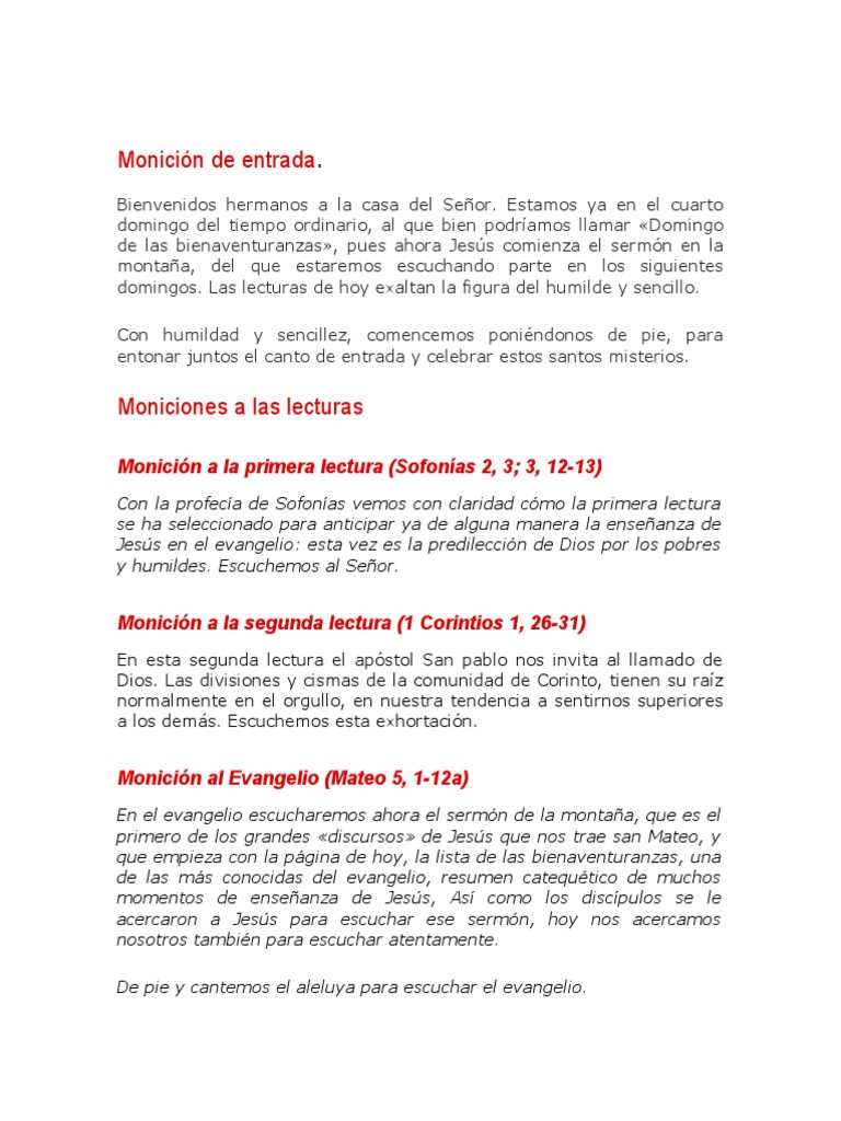 Monición de Entrada | PDF | Misa (liturgia) | eucaristía