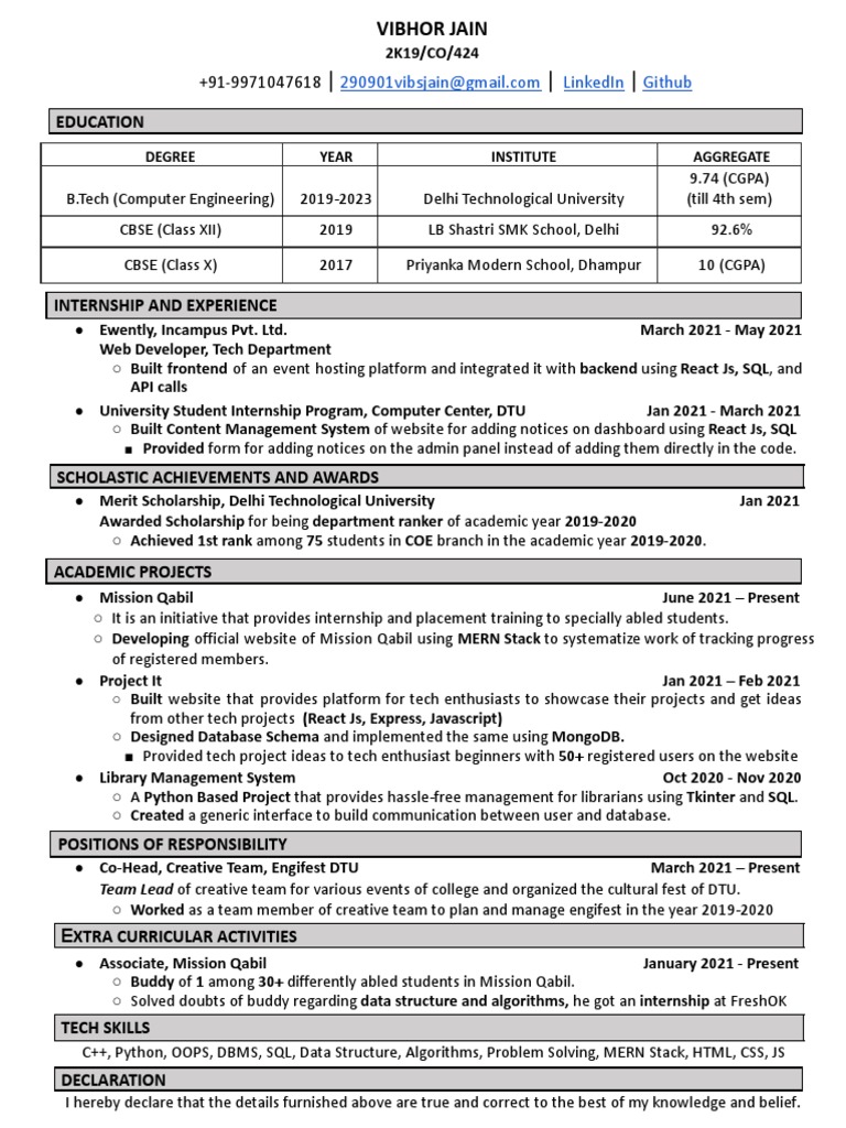Vibhor Jain Resume | PDF | Databases | Sql