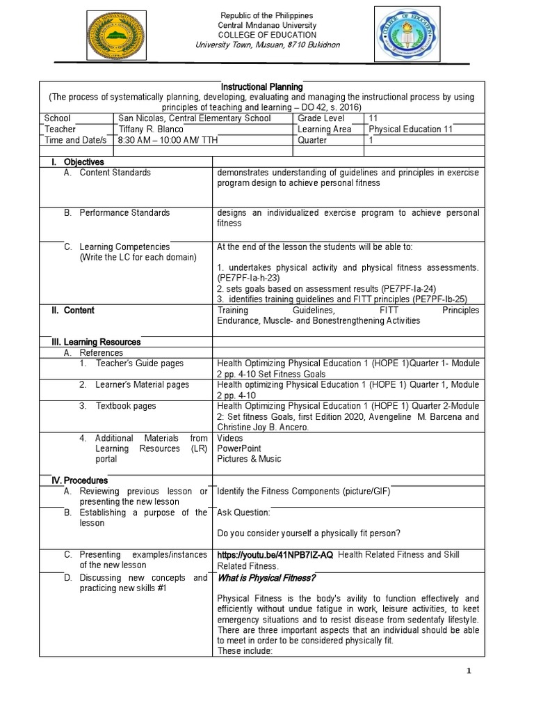 Physical Education Lesson Plan Template | PDF | Physical Fitness ...
