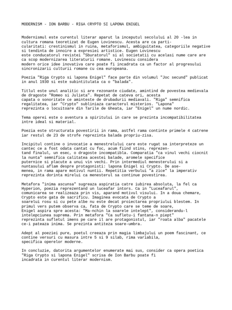 Modernism, Riga Crypto Si Lapona Enigel Ion Barbu | PDF