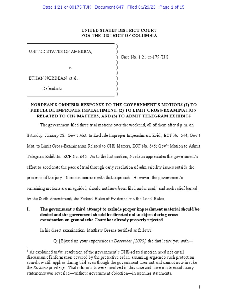 Nordean Omnibus Response To Govt Motion | PDF | Witness Impeachment ...