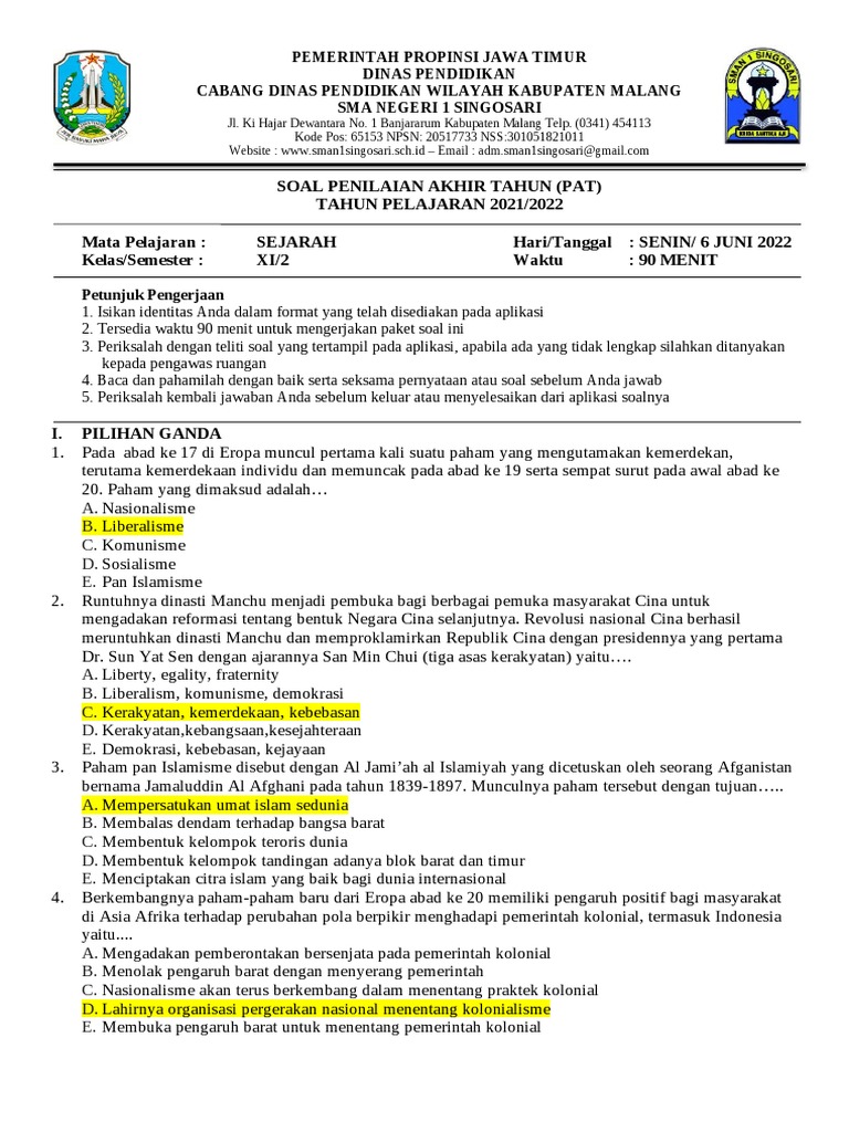Soal Pat Sejarah Peminatan Kelas Xi Urut | PDF