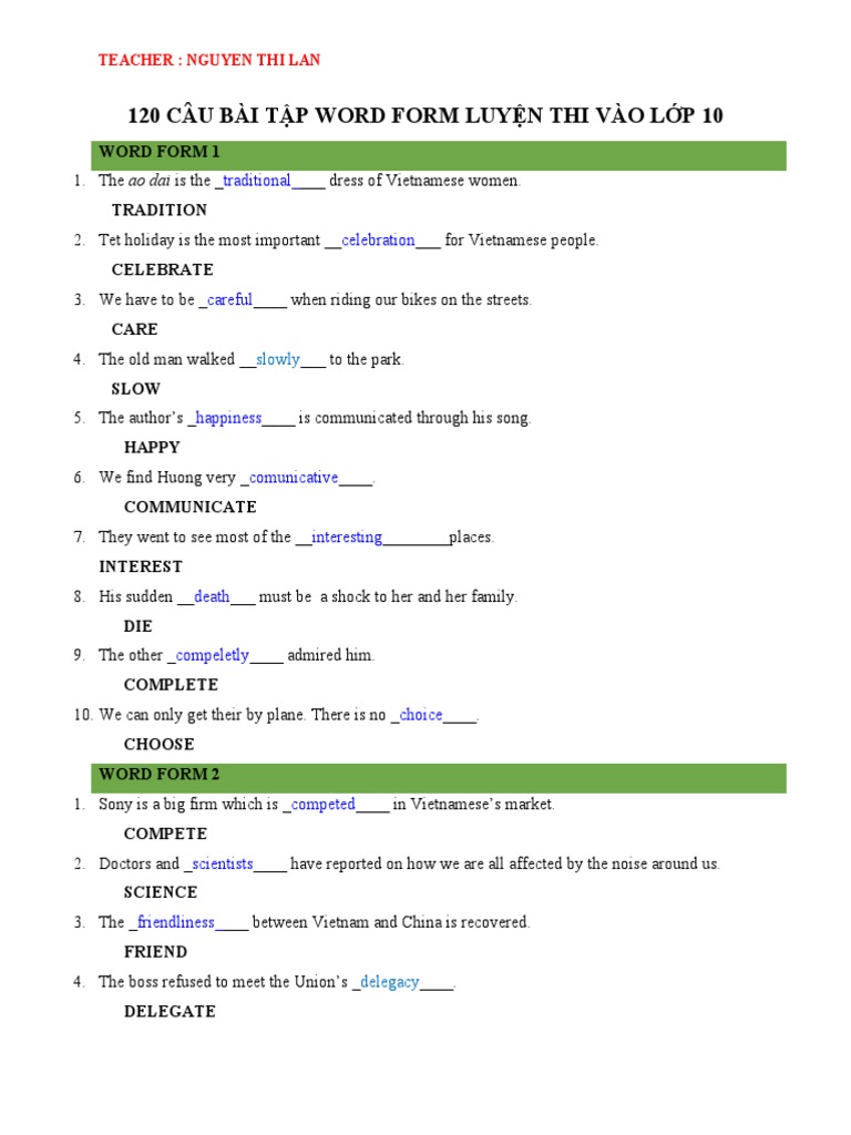 120 Câu Word Form | Download Free PDF | Hue