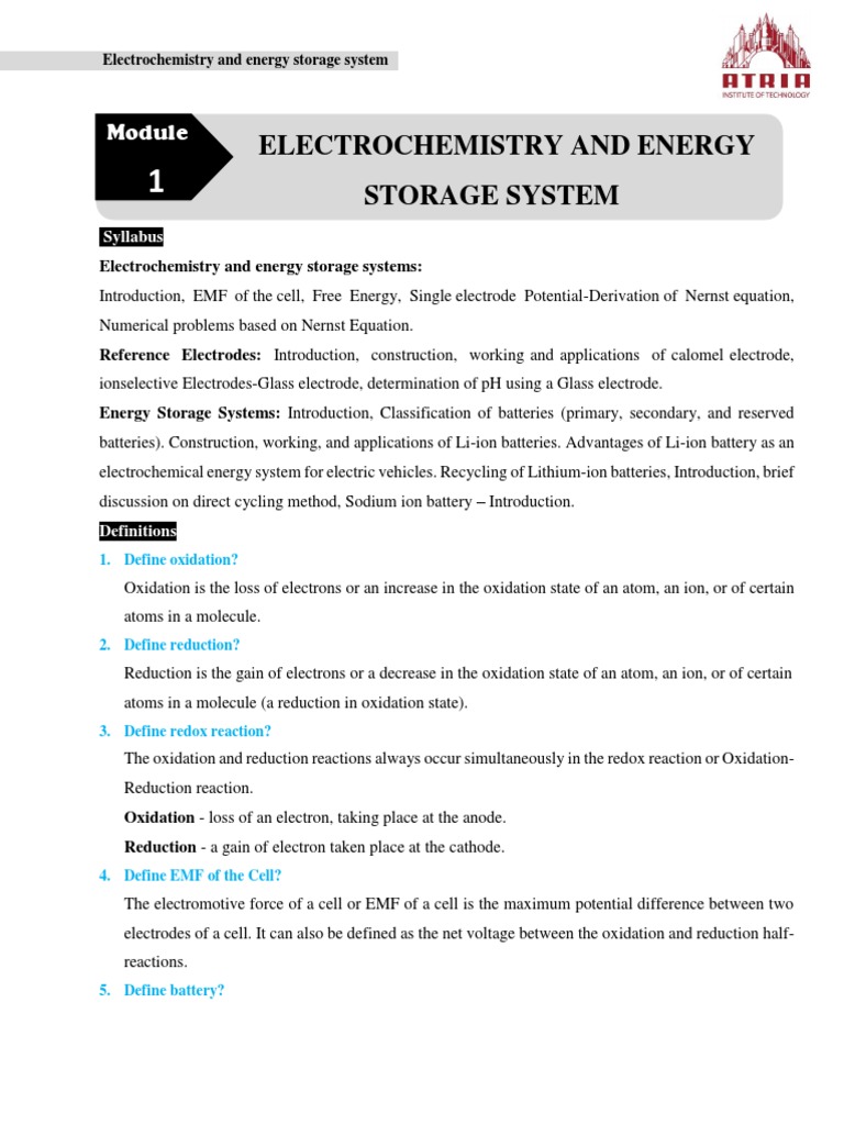 Module 1 Electrochemistry and Energy Storage System | PDF
